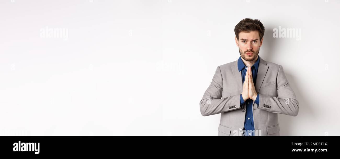 Sad cute business man need help, say please or sorry, showing begging ...