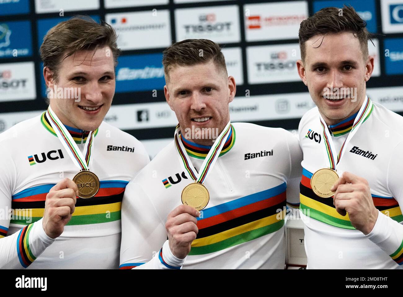 Harrie Lavreysen, right, Roy Van den Berg, center, and Jeffrey Hoogland ...