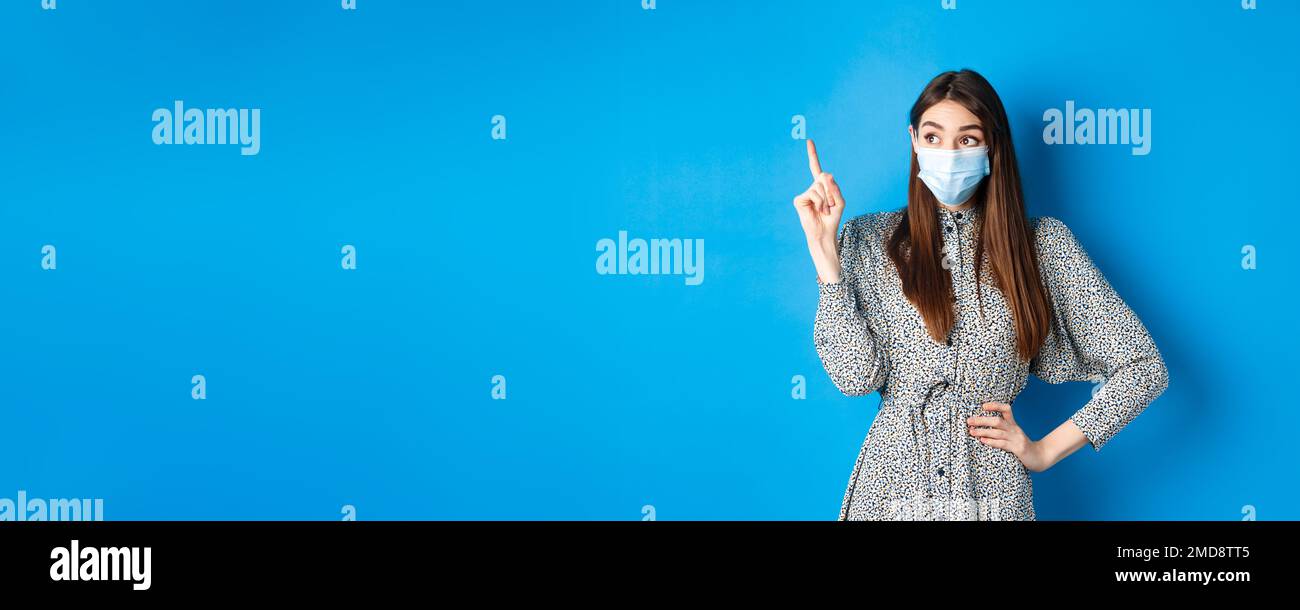 People, covid and quarantine concept. Excited cute female in medical ...