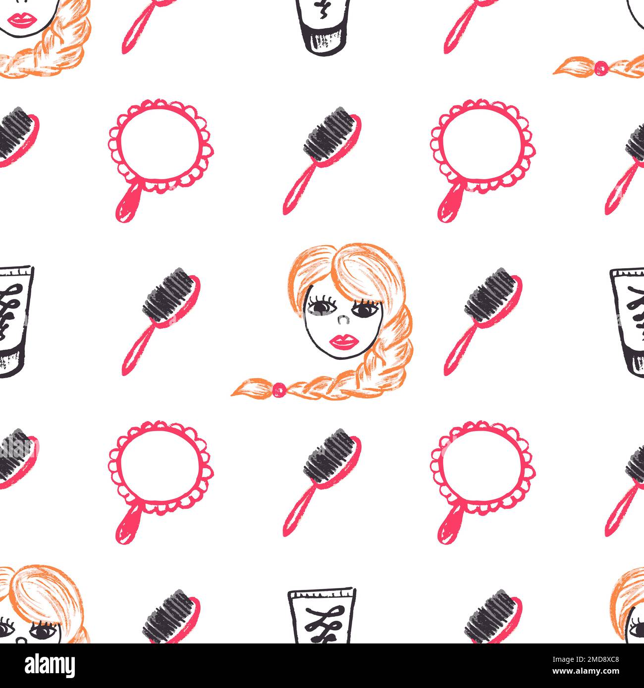 Cosmetics seamless pattern. Mirror, comb. Children's drawings with wax ...