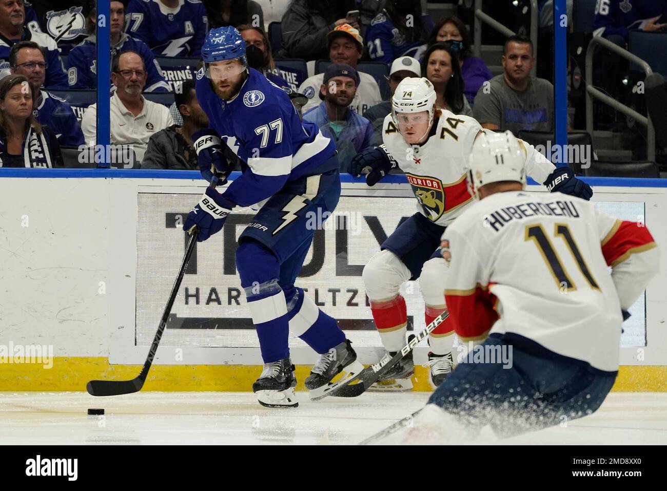 Tampa Bay Lightning defenseman Victor Hedman (77) moves the puck around ...