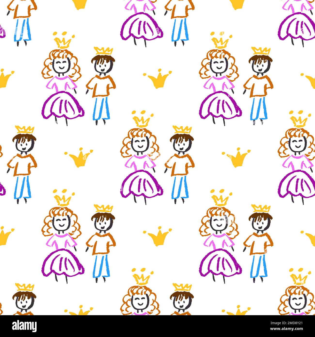 Fairytale seamless pattern. Princess, prince. Children's drawings with ...