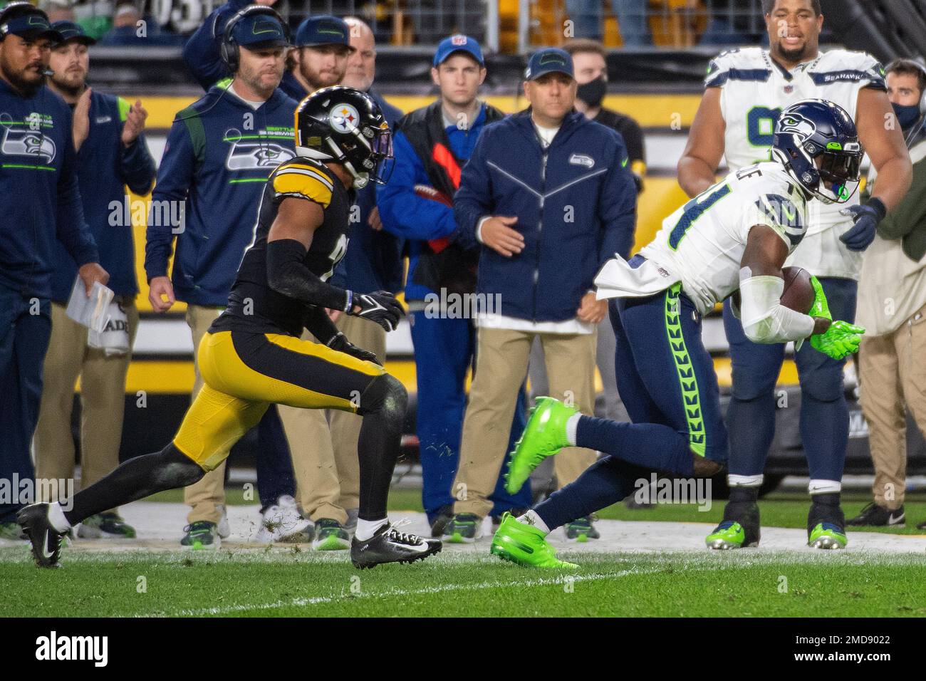 Seattle Seahawks wide receiver DK Metcalf (14) runs upfield after a ...
