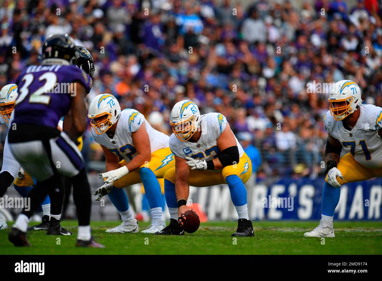 Los Angeles Chargers center Corey Linsley (63) prepares to snap the ...