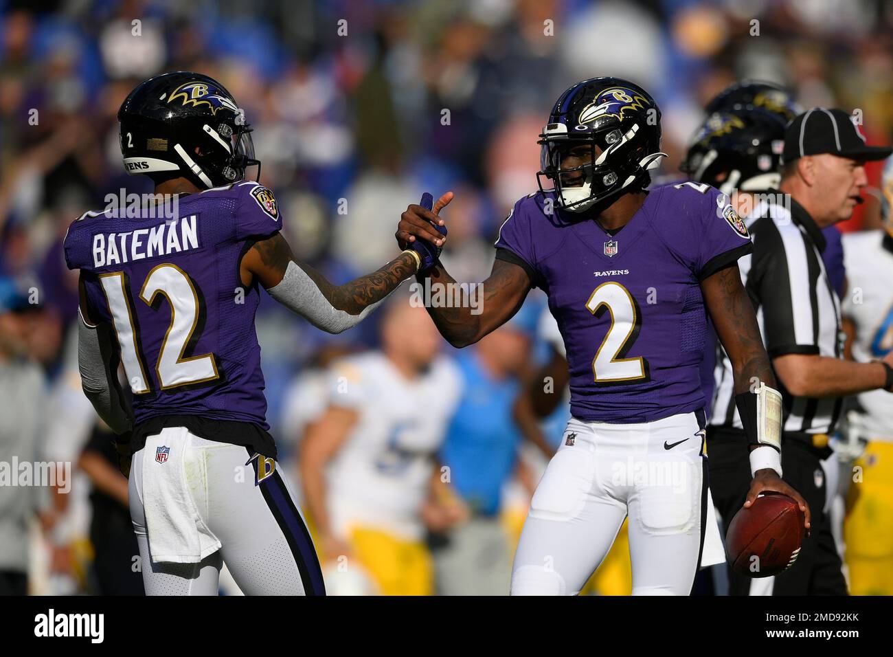 Baltimore Ravens quarterback Tyler Huntley (2) and wide receiver Rashod ...