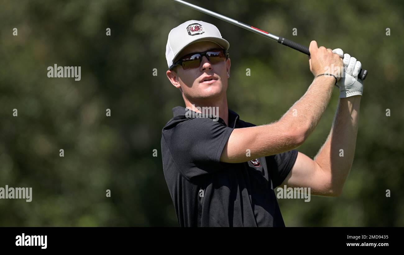 Ryan Hall, of South Carolina, tees off on the second hole during an ...