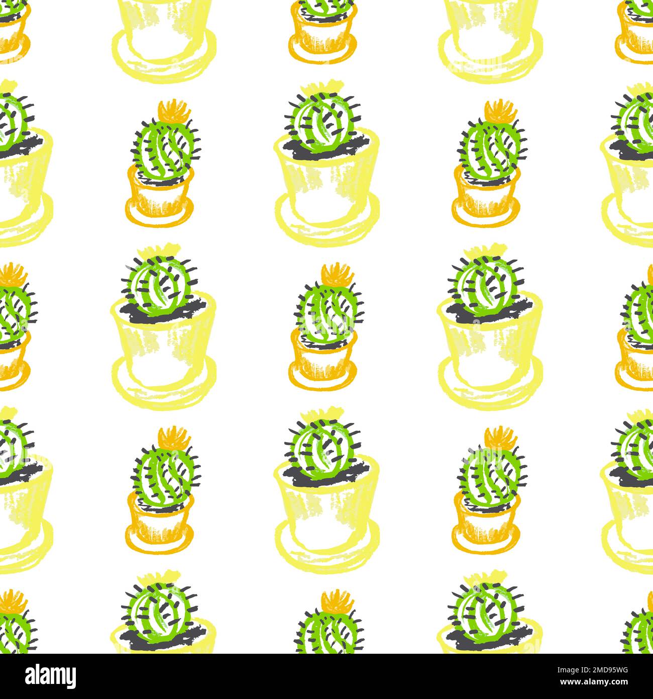 Cactus seamless pattern. Flowering cacti in pots. Children's drawings ...