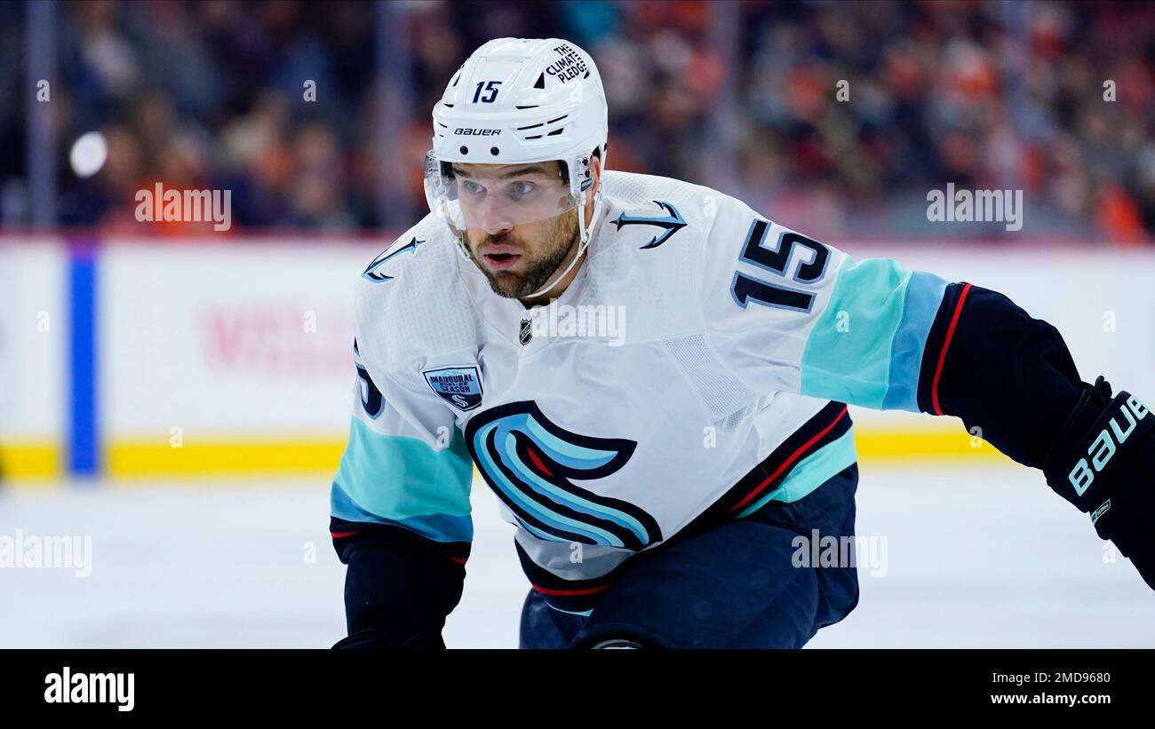 Seattle Kraken's Riley Sheahan plays during an NHL hockey game, Monday ...