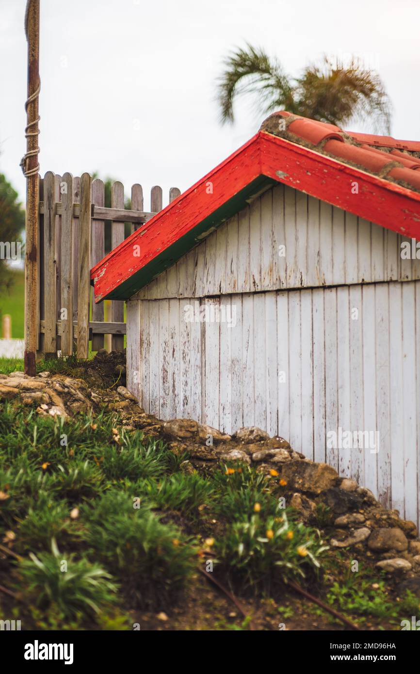 Vertical view of modest wooden house painted in white with orange-red ...