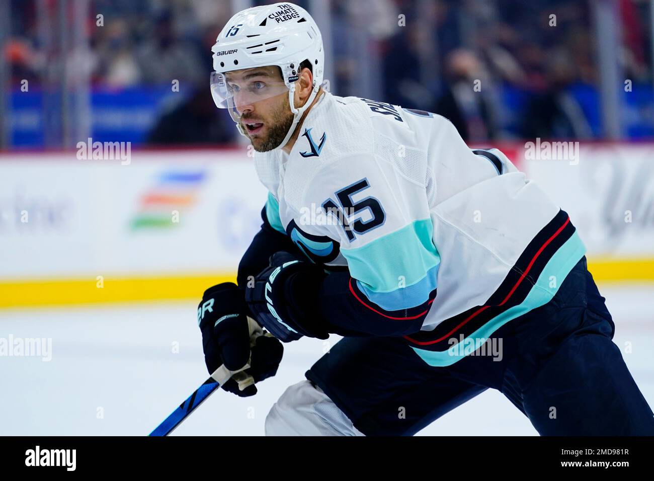 Seattle Kraken's Riley Sheahan plays during an NHL hockey game, Monday ...