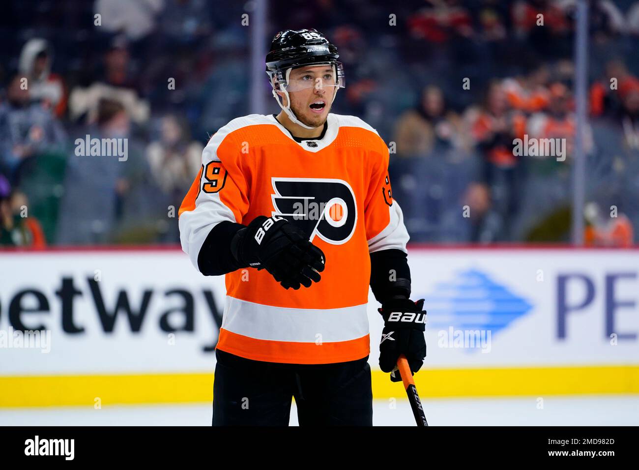 Philadelphia Flyers' Cam Atkinson plays during an NHL hockey game ...