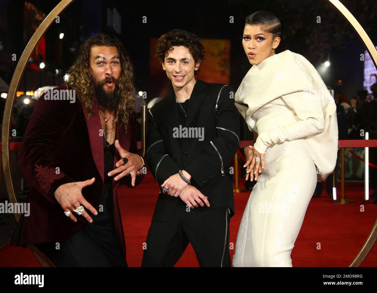 Jason Momoa, from left, Timothee Chalamet, and Zendaya pose for ...