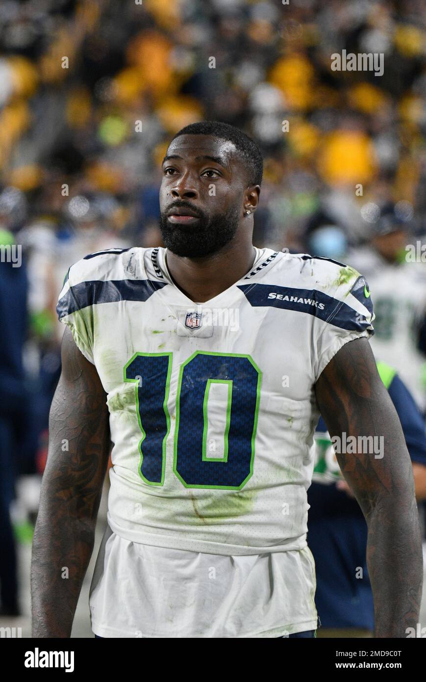 Seattle Seahawks defensive end Benson Mayowa 10 is on the sideline as his team plays against the Pittsburgh Steelers in an NFL football game Sunday Oct.17 2021 in Pittsburgh. AP Photo Don Wright