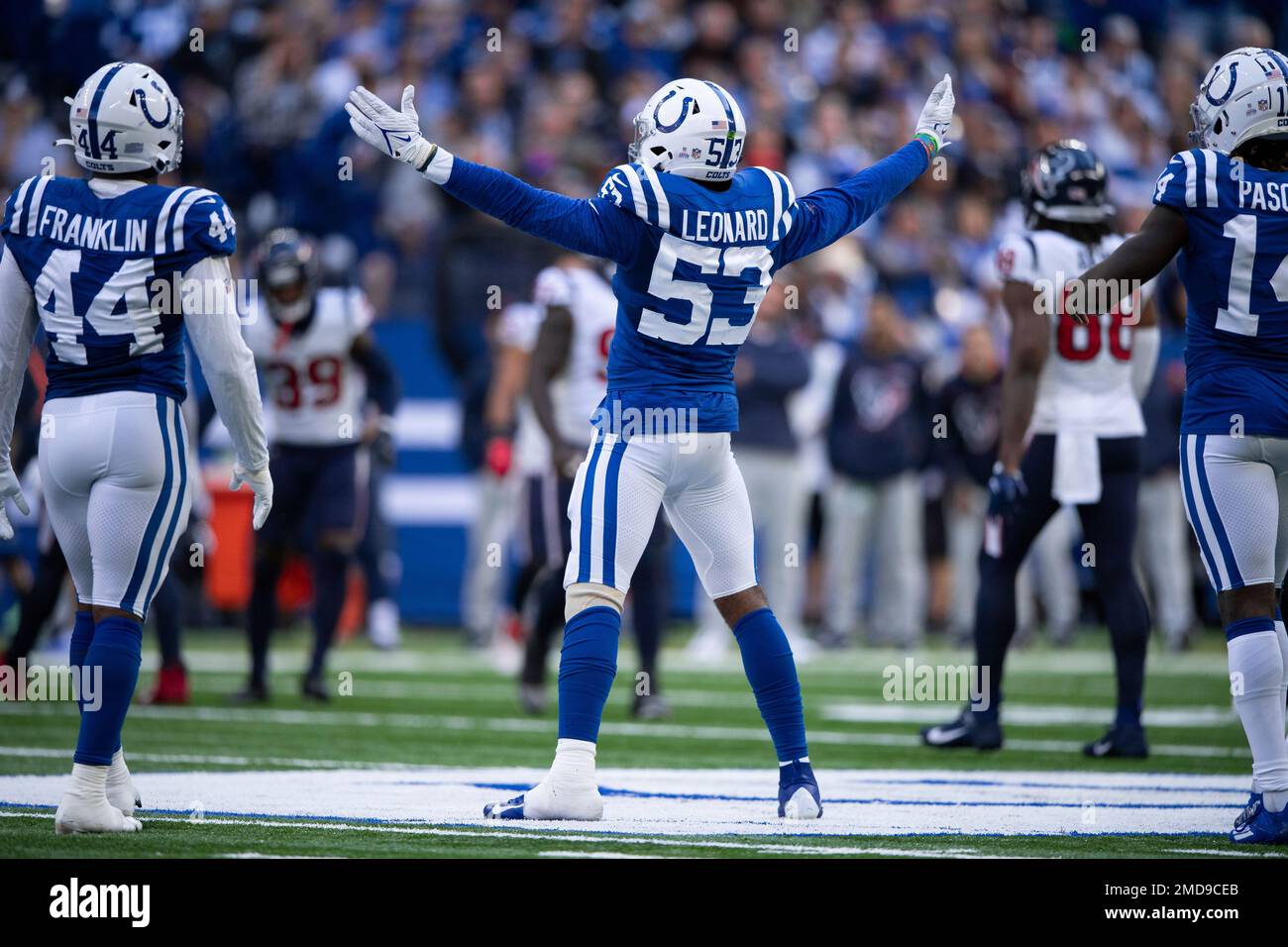Indianapolis Colts linebacker Darius Leonard (53) celebrates after a ...