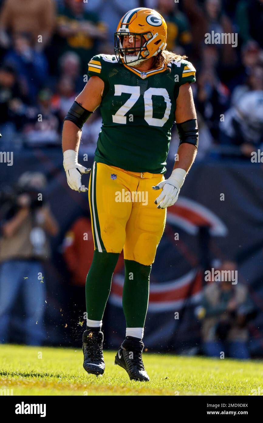 Green Bay Packers guard Royce Newman (70) reacts during an NFL football ...