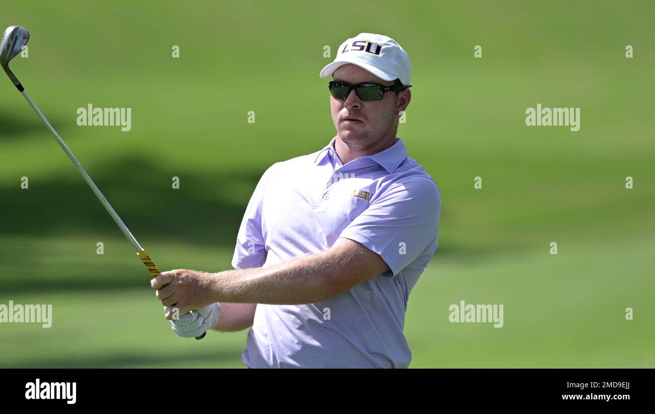 Trey Winstead, of LSU, hits from the 17th fairway during an NCAA golf ...