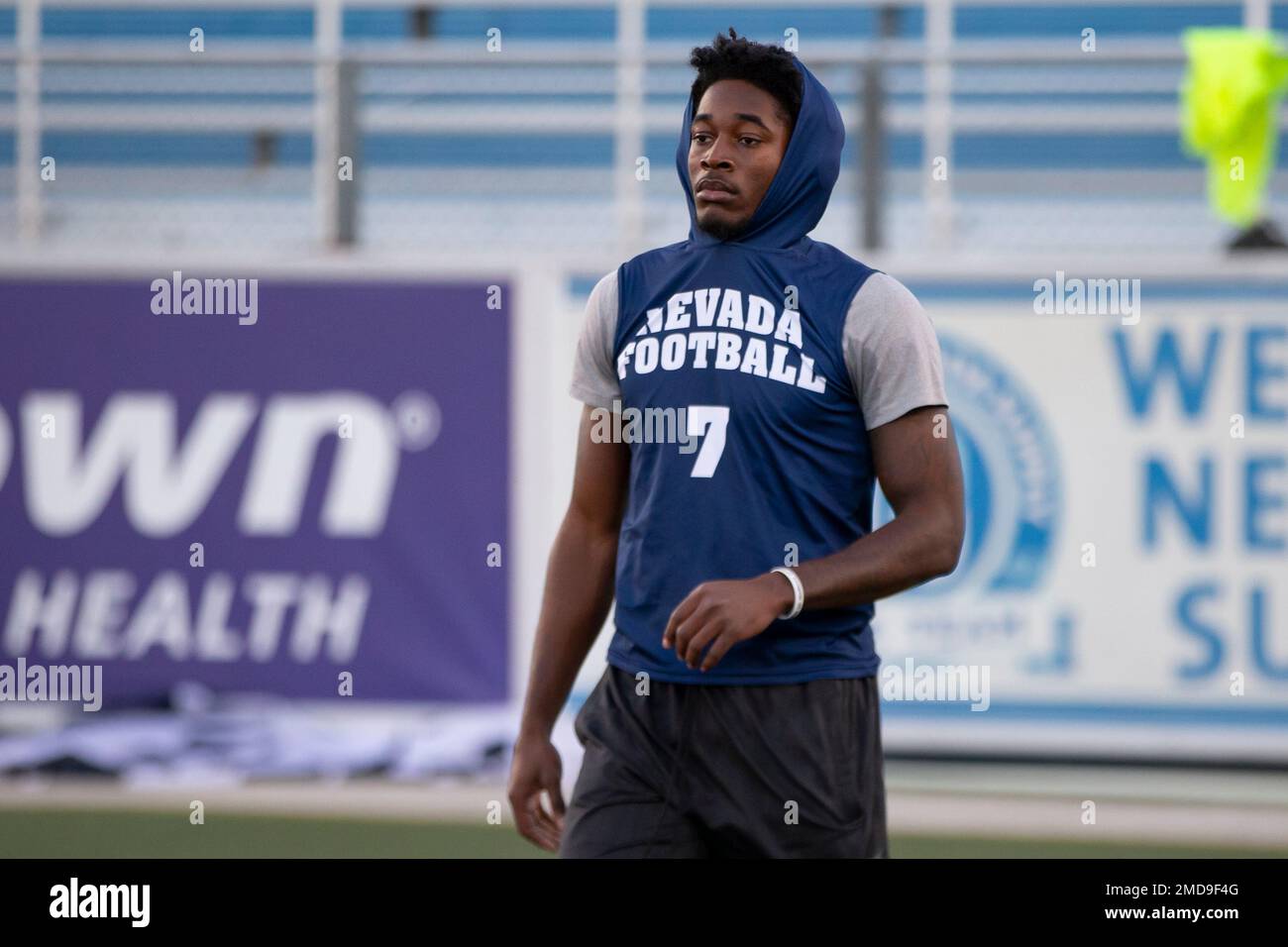 Nevada wide receiver Romeo Douds (7) warms up before an NCAA college ...