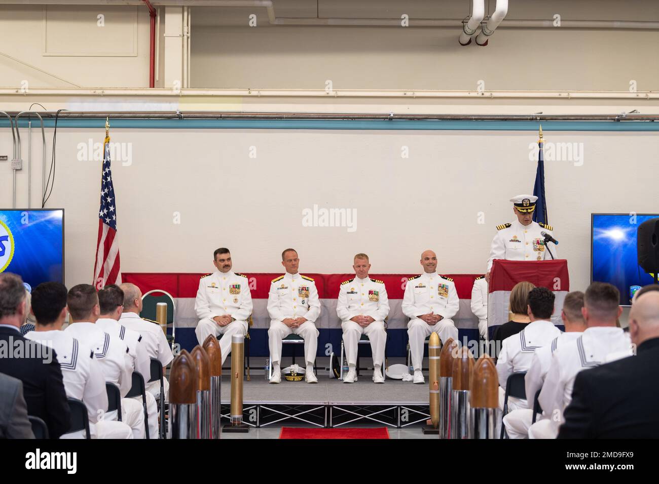 Capt. Gary Montalvo Jr., commander, Submarine Development Squadron (DEVRON) 5, delivers remarks ...