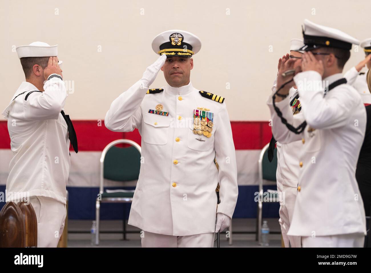Cmdr. Patrick Alfonzo, commanding officer, Unmanned Undersea Flotilla (UUV Flotilla) 1, is piped ...