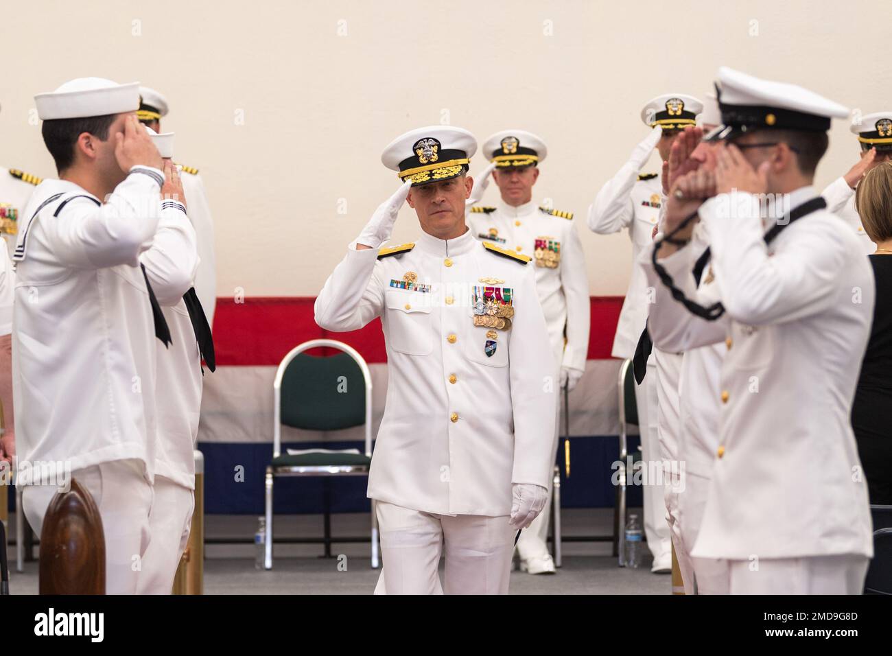 Rear Adm. Stephen G. Mack, commander, Submarines NATO, is piped through sideboys after a ...