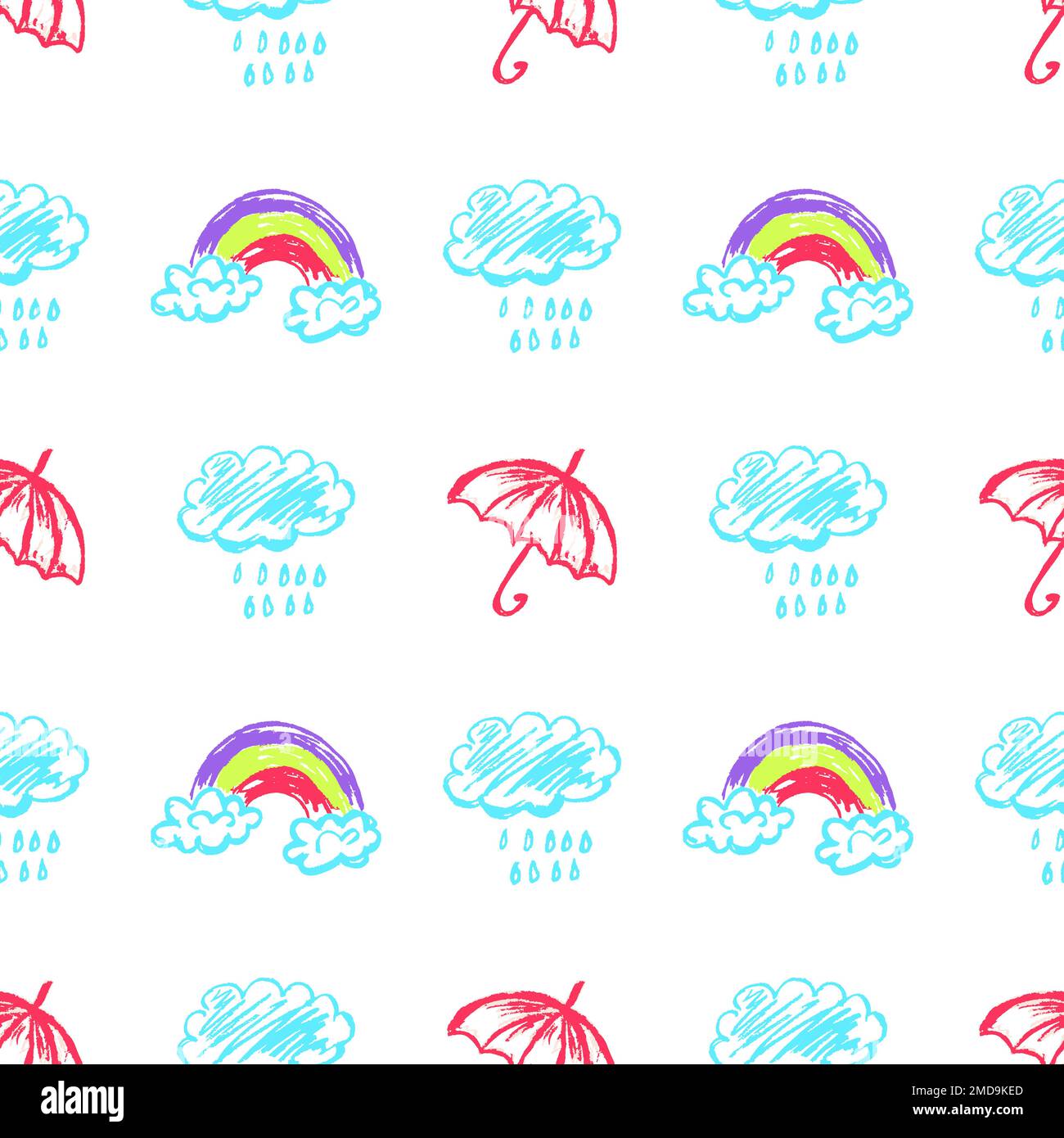 Umbrellas seamless pattern. Children's drawings with wax crayons ...