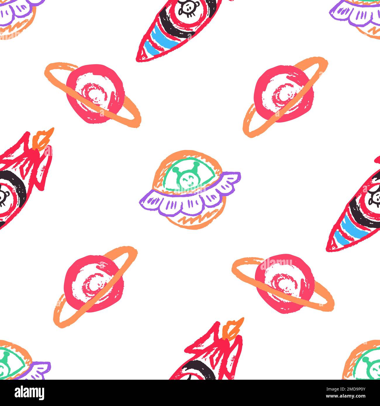 Space seamless pattern. Rockets, UFO, comets. Children's drawings with wax crayons. Print for ...