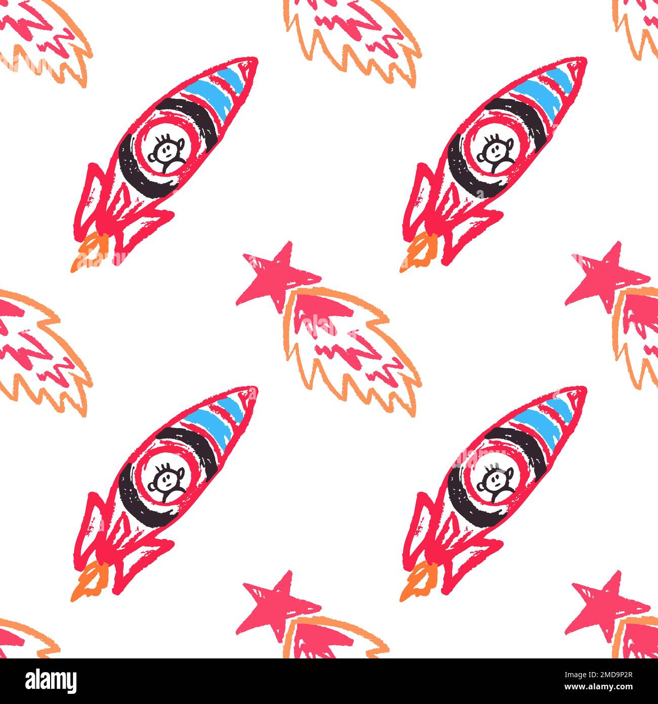 Space seamless pattern. Rockets, comets. Children's drawings with wax ...
