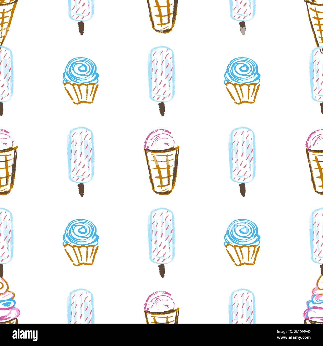 Sweets seamless pattern. Ice cream, desserts. Children's drawings with ...