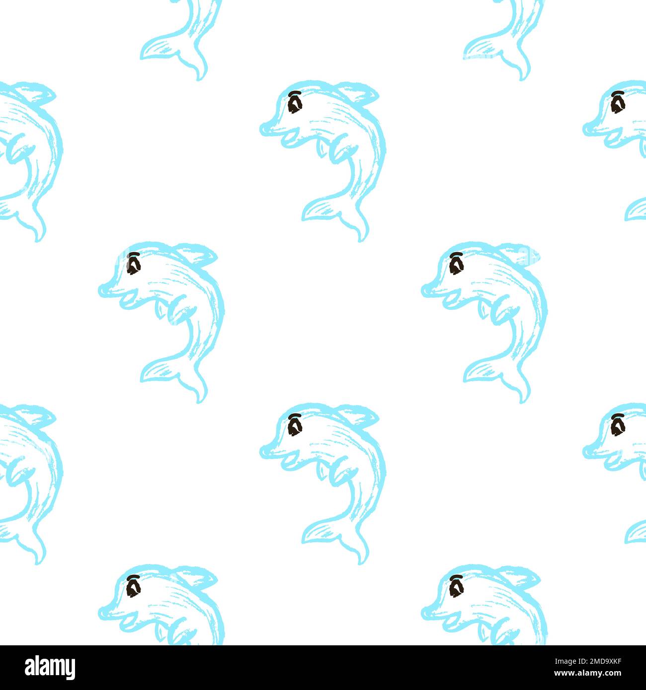 Marine seamless pattern. Dolphins. Children's drawings with wax crayons ...