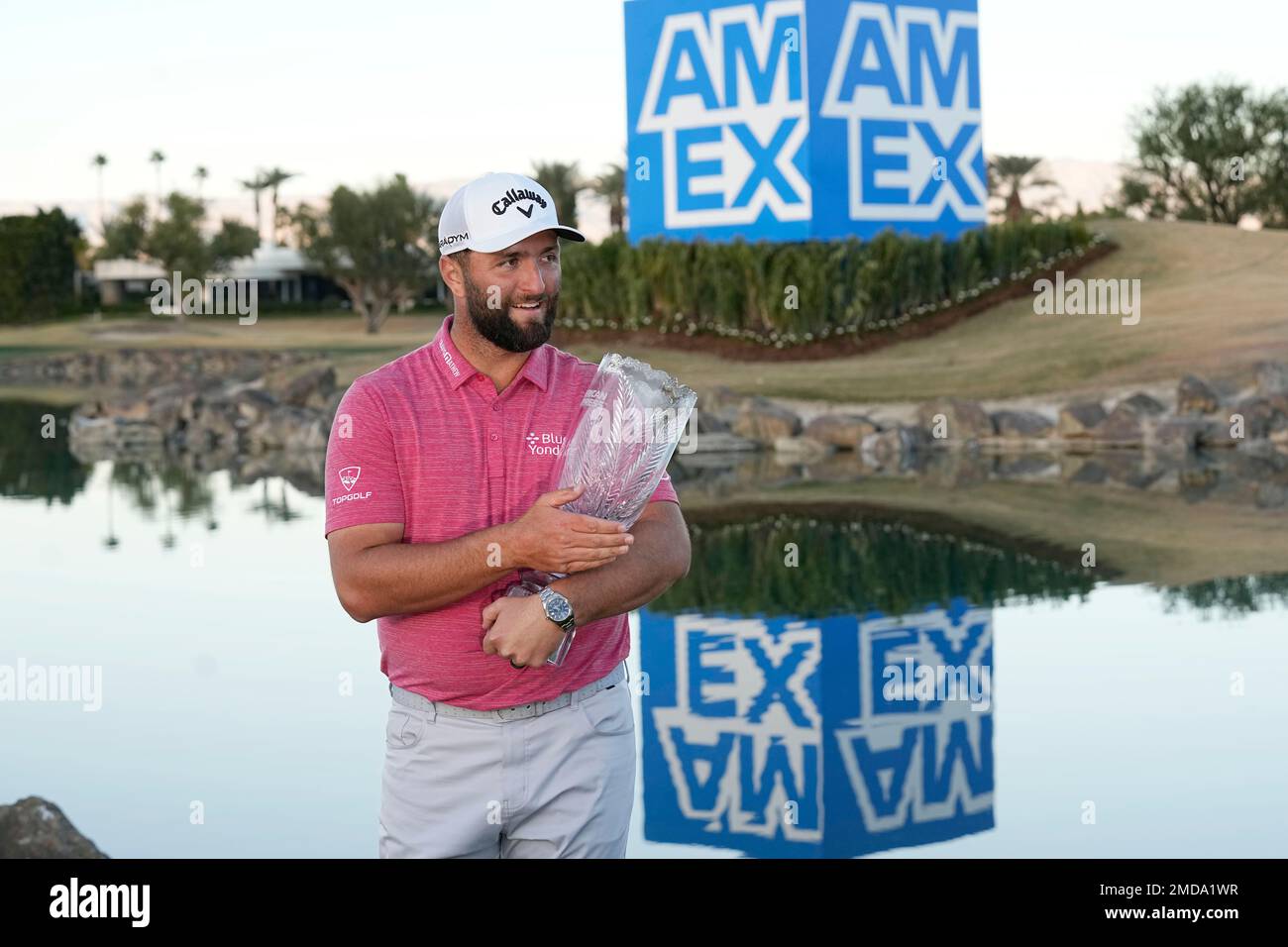 Jon Rahm hold the winner's trophy after the American Express golf ...