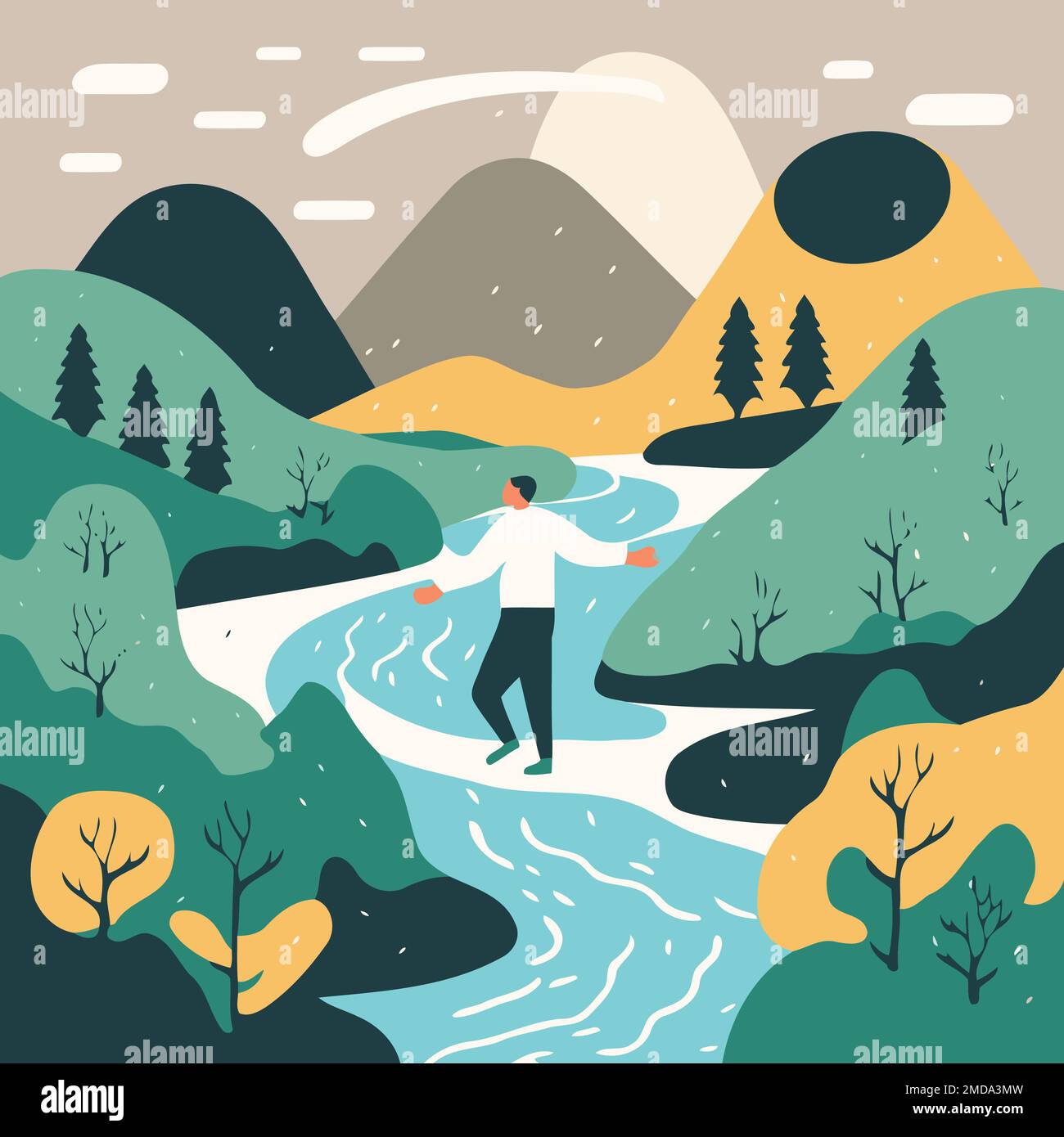 illustration of an adult person in the water of a river made to ...