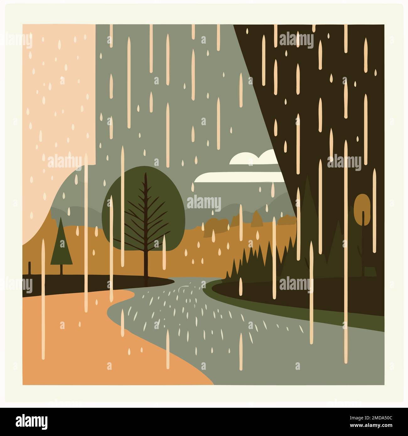 illustration of natural landscape with river during a rain made to ...