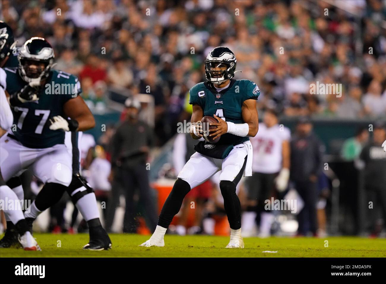 Philadelphia Eagles' Jalen Hurts plays during an NFL football game ...