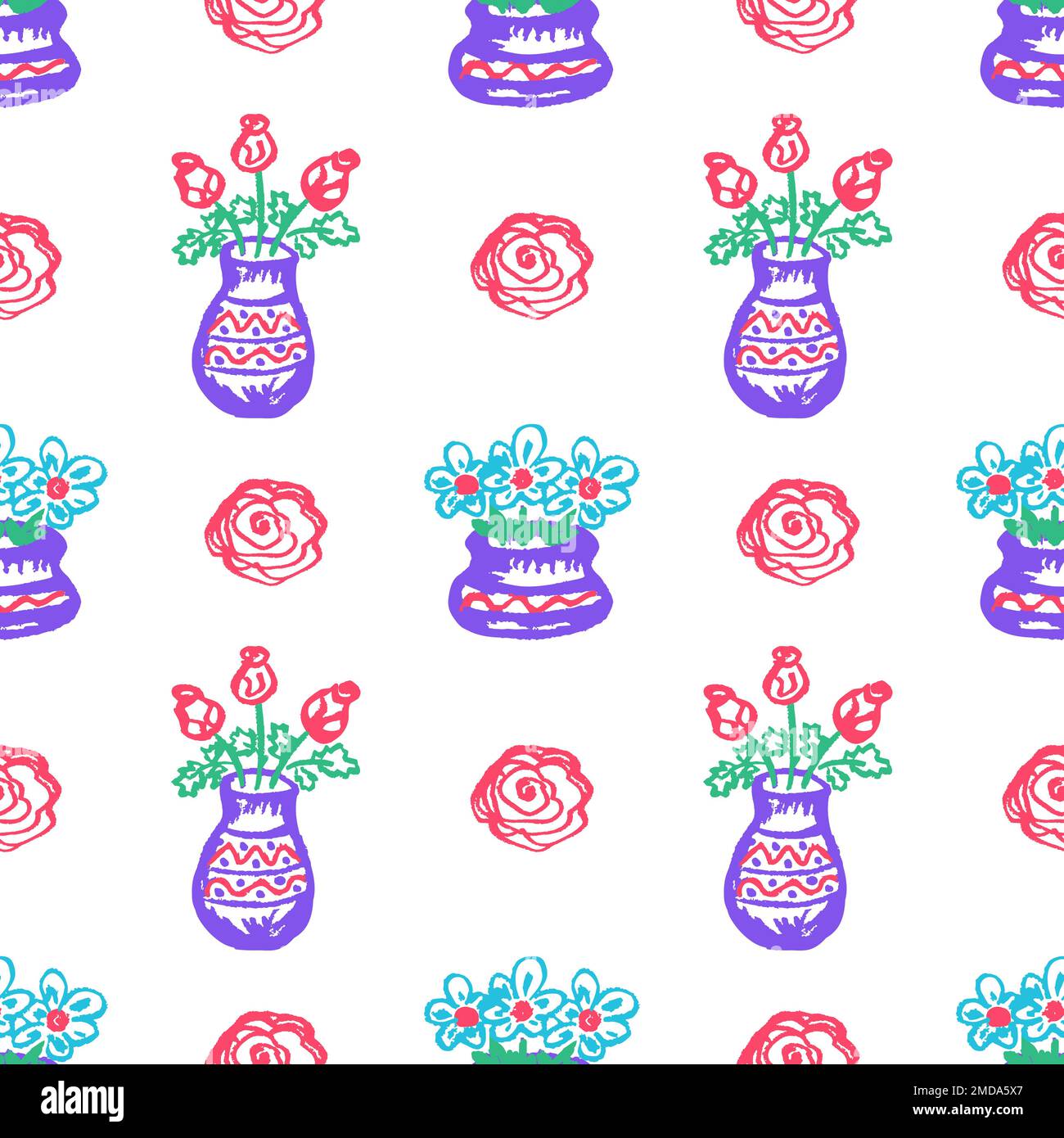 Floral seamless pattern. Flowers in a vase. Children's drawings with ...