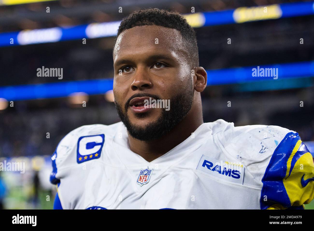 Los Angeles Rams defensive end Aaron Donald (99) walks back to the ...