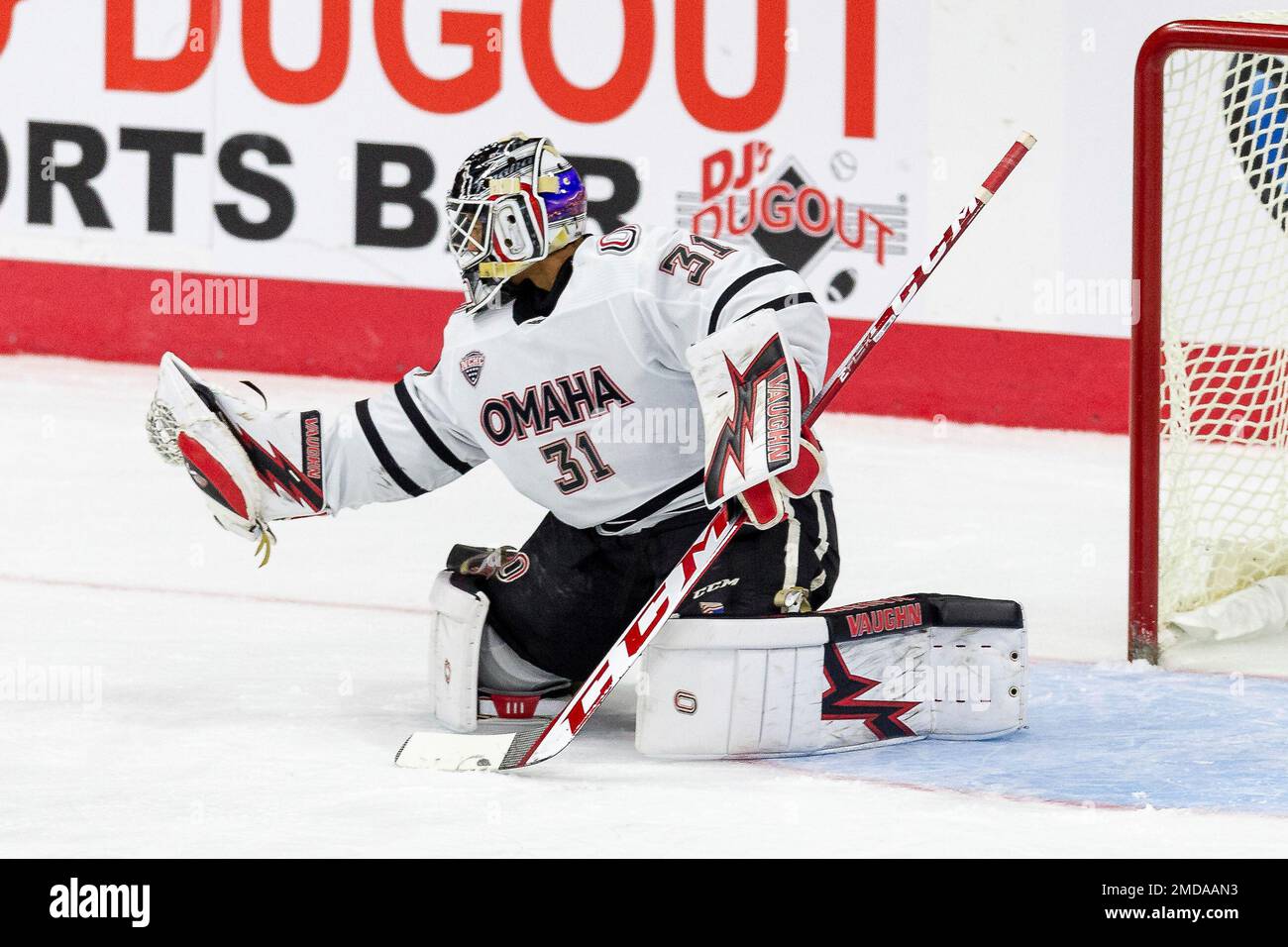 Omaha goaltender Isaiah Saville (31) catches the puck against the Maine ...