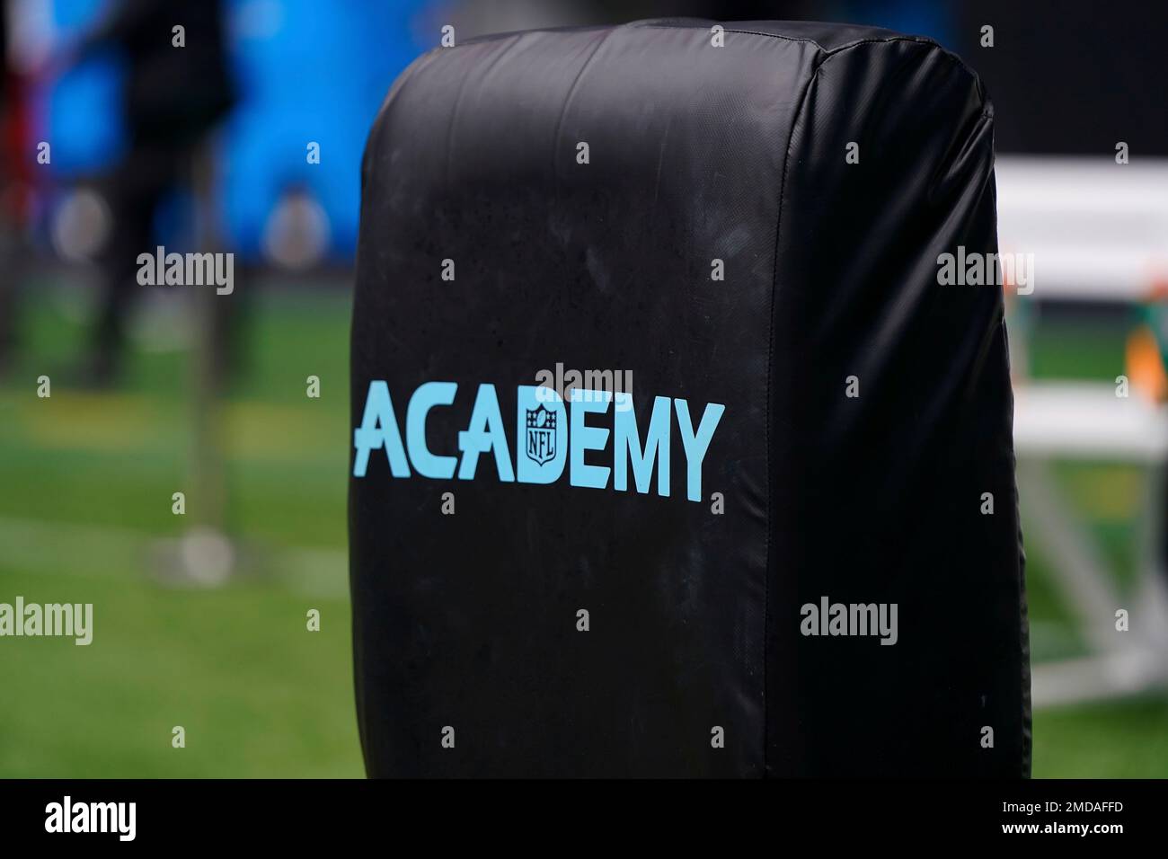 A general view of the NFL Academy logo on training equipment at the NFL ...