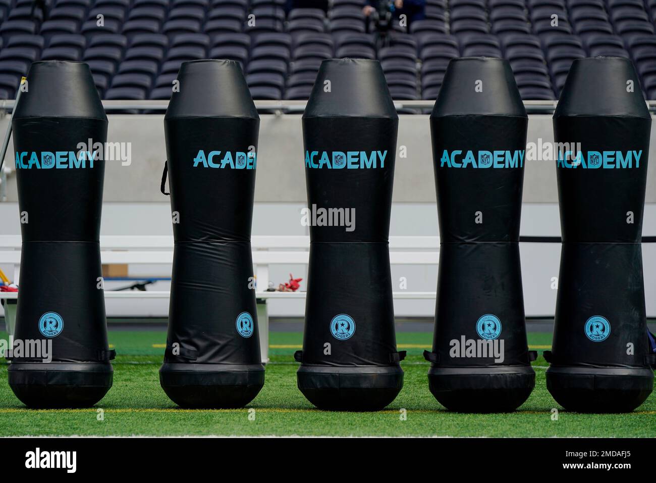 A general view of the NFL Academy logo on training equipment at the NFL ...