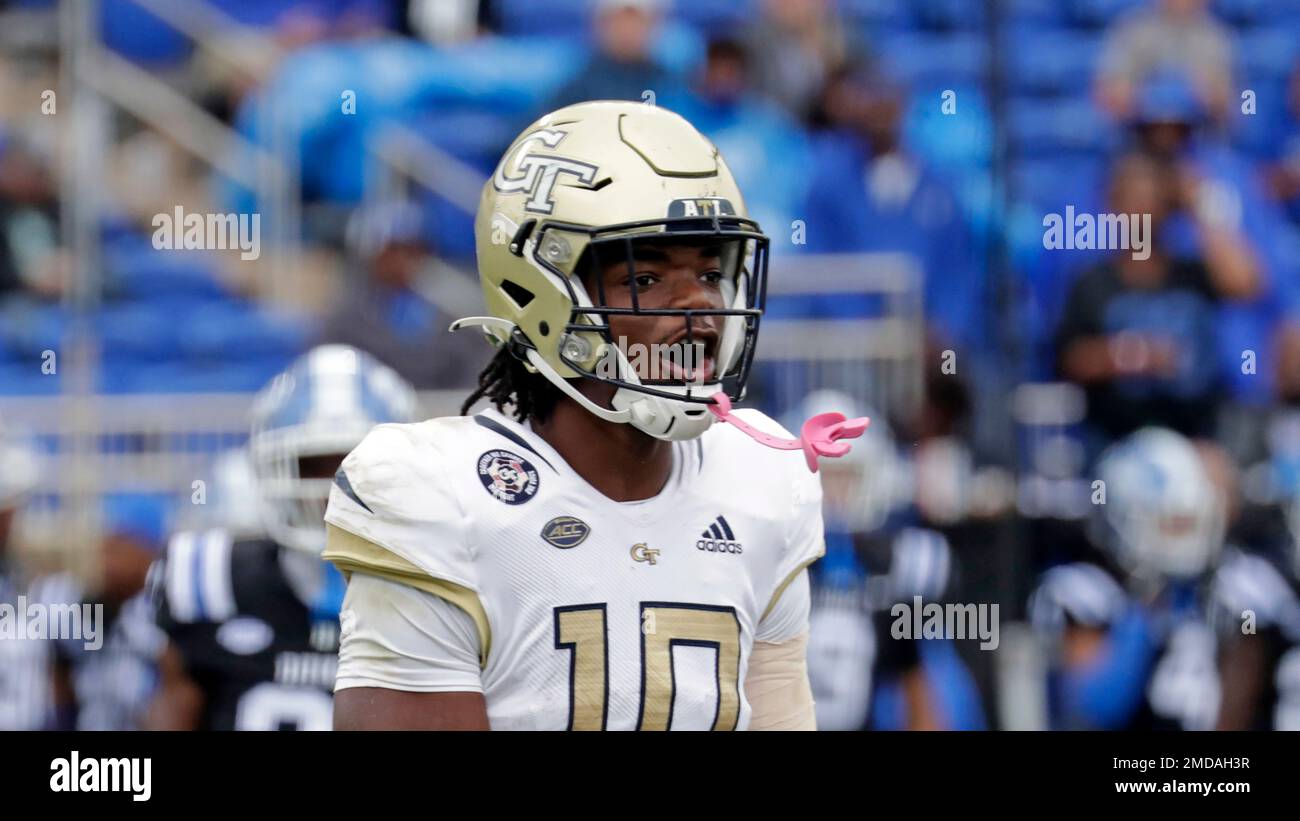 Georgia Tech quarterback Jeff Sims (10) communicates with the bench ...