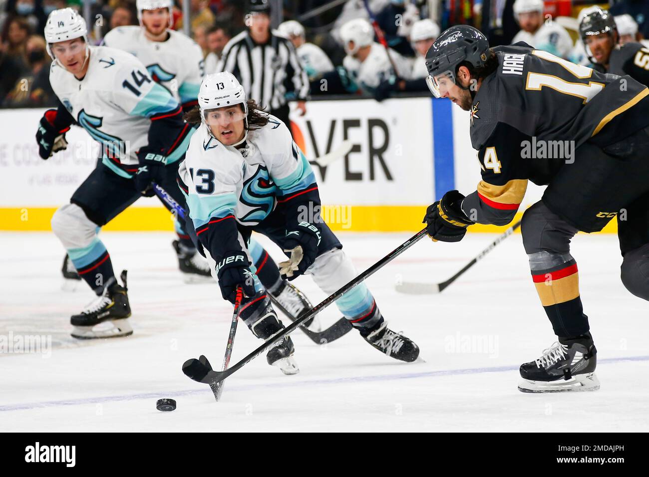 Seattle Kraken left wing Brandon Tanev (13) and Vegas Golden Knights ...