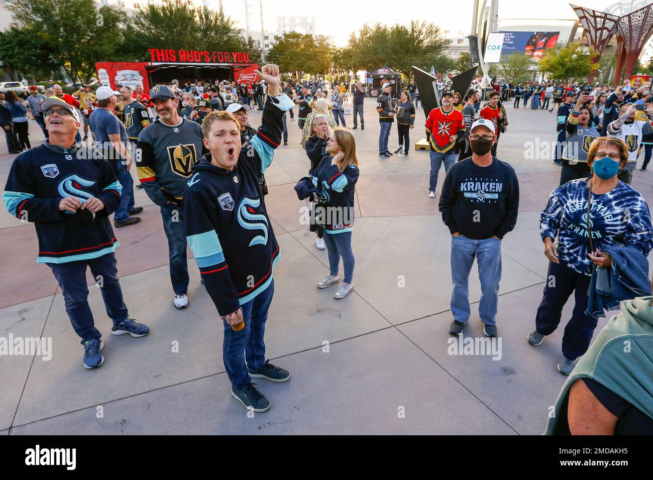 Seattle Kraken fans react as doors open at the arena before an NHL ...