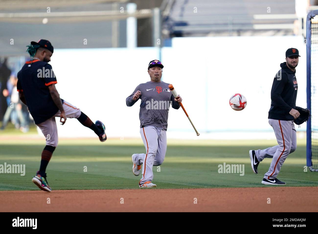 San Francisco Giants play with a soccer ball during batting practice ...