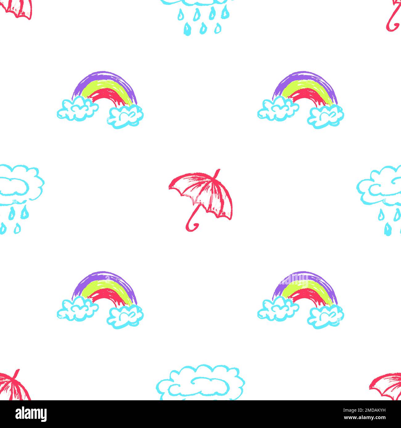 Umbrellas seamless pattern. Children's drawings with wax crayons ...