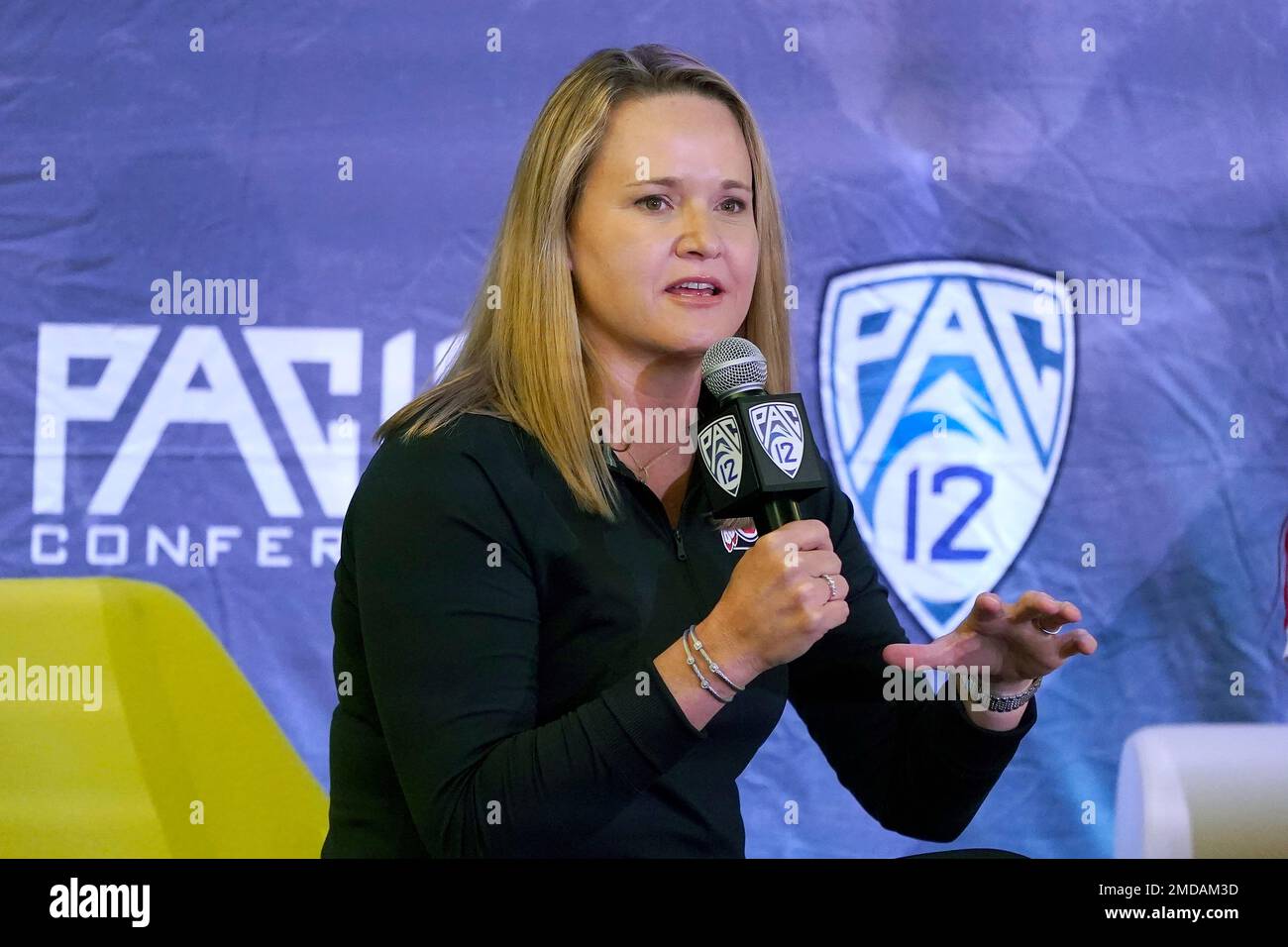 Utah coach Lynne Roberts speaks during Pac-12 Conference NCAA women's ...