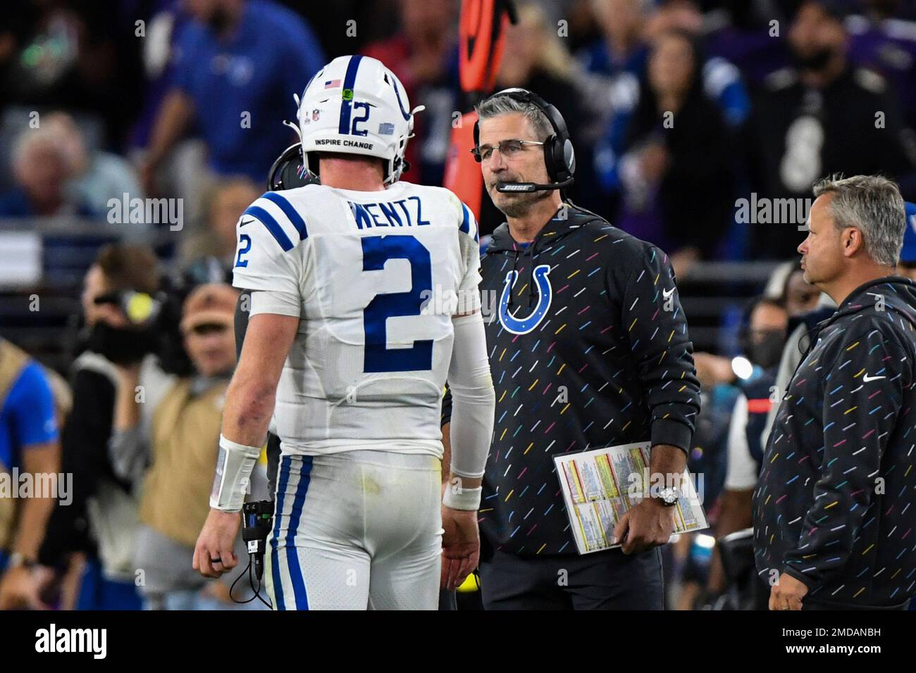 Indianapolis Colts head coach Frank Reich talks with quarterback Carson ...