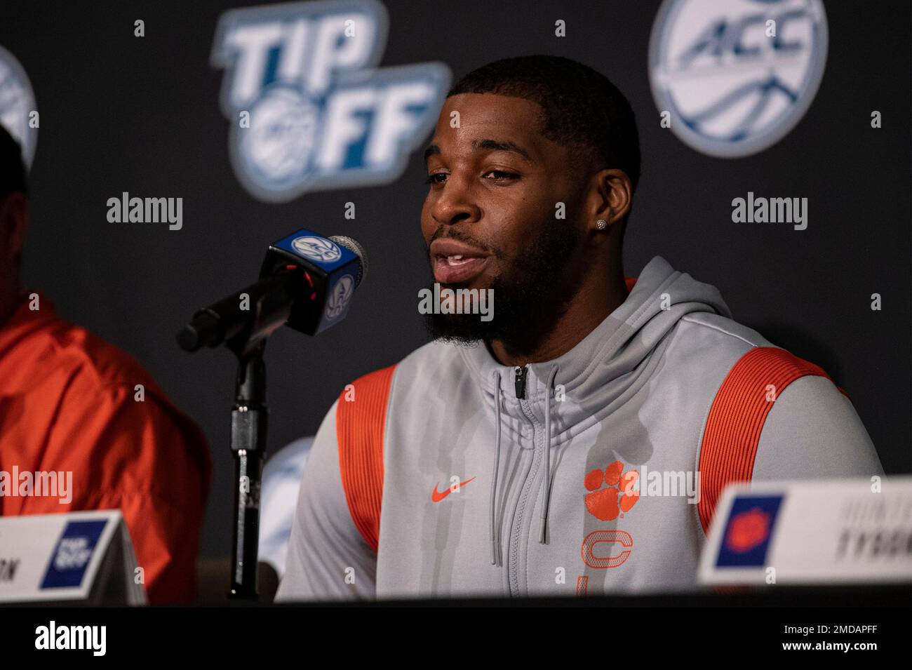Clemson forward Naz Bohannon speaks during NCAA college basketball ...