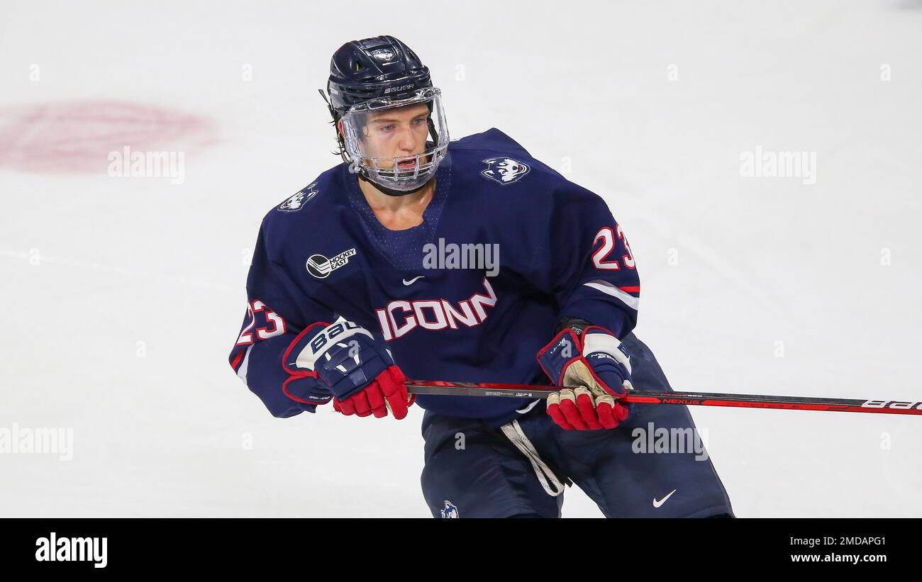 Connecticut's Carter Berger (23) skates during the first period of an ...