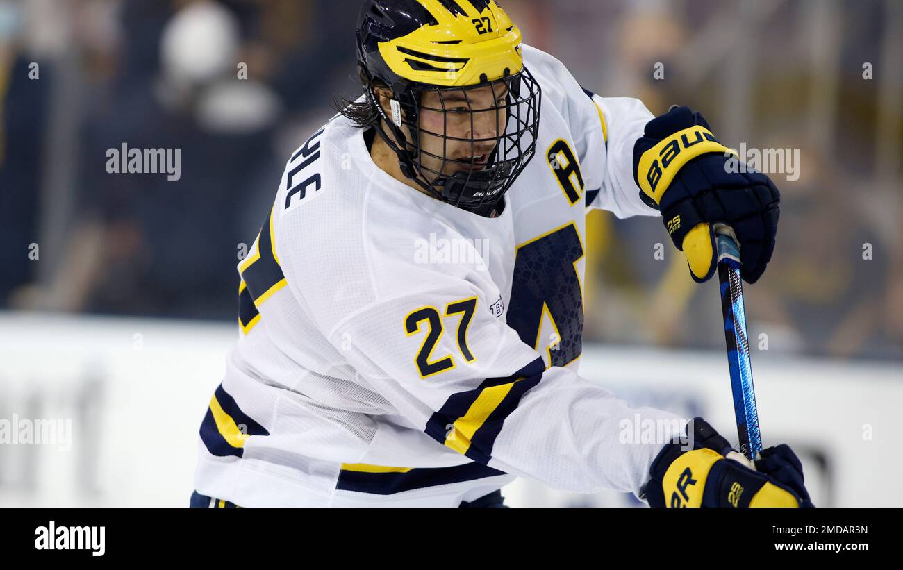 Michigan's Nolan Moyle plays during an NCAA hockey game on Friday, Oct ...