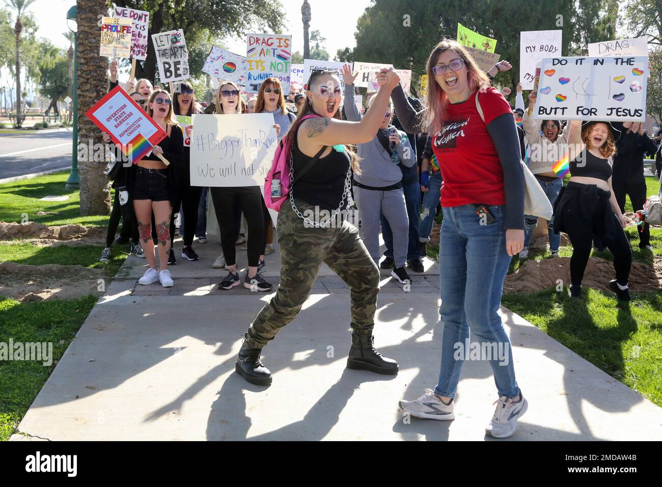 Event organizer Noelle Canez and a spokesperson from Radical Women ...