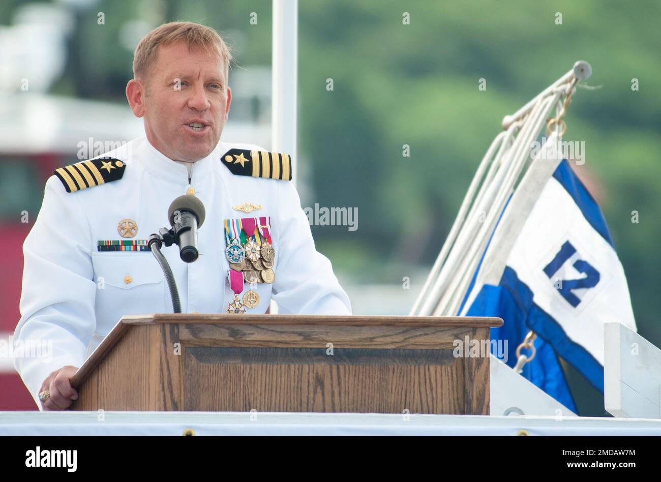 Capt. Matthew Boland delivers his remarks during the change of command ...